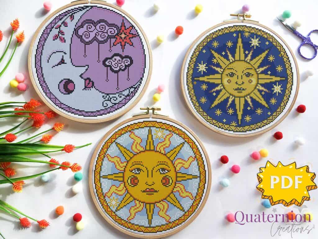 Sun, Moon, and Star cross stitch patterns – set of three – Quaternion ...